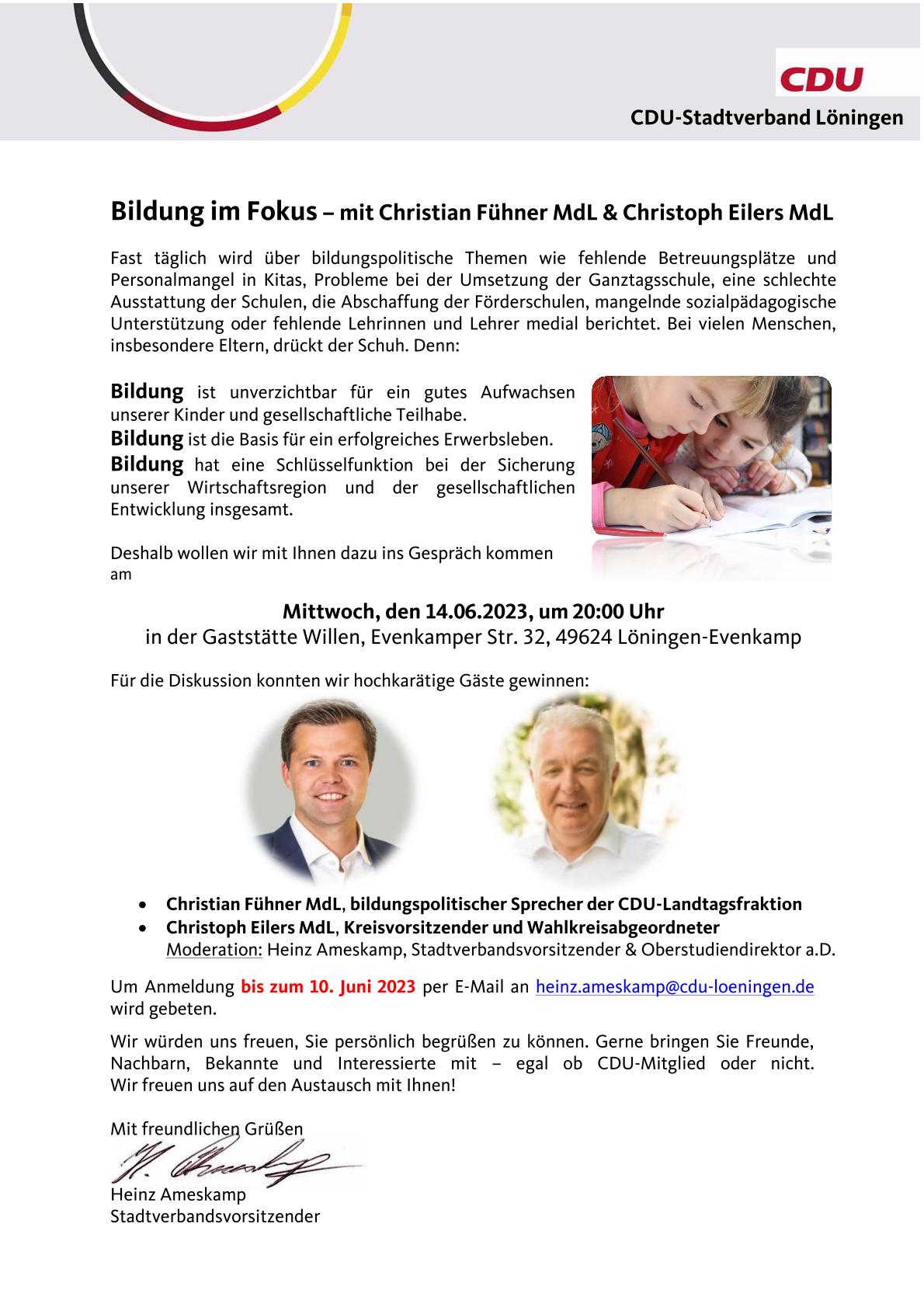 Bildung im Fokus – mit Christian Fühner MdL & Christoph Eilers MdL – CDU Stadtverband Löningen
